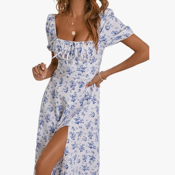 Amazon | Dresses | Amazon Blue And White Ruched Midi Dress With Puff ...